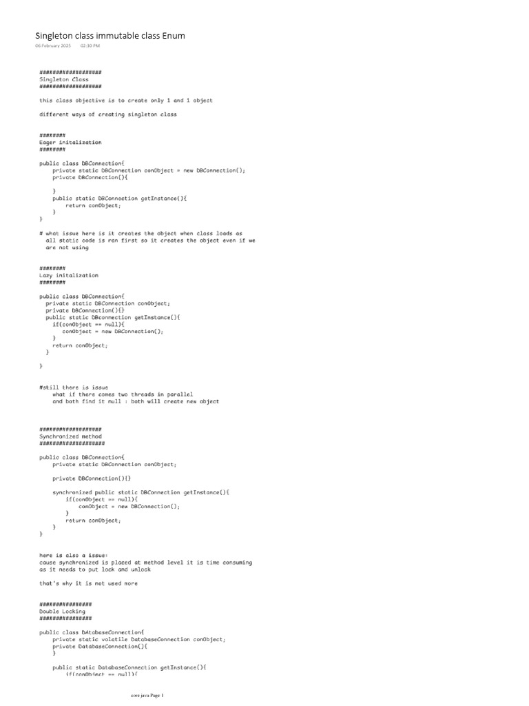Singleton Class Immutable Class Enum | PDF