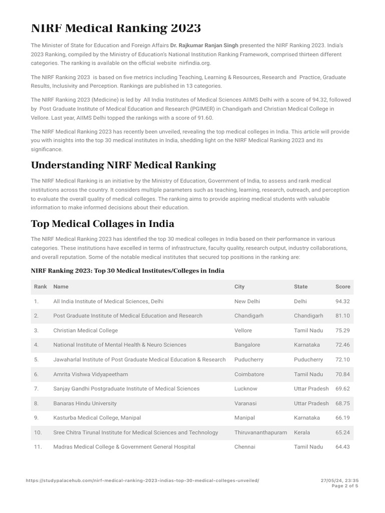 NIRF Medical Ranking 2023- India's Top 30 Medical Colleges Unveiled - Study Pala | PDF