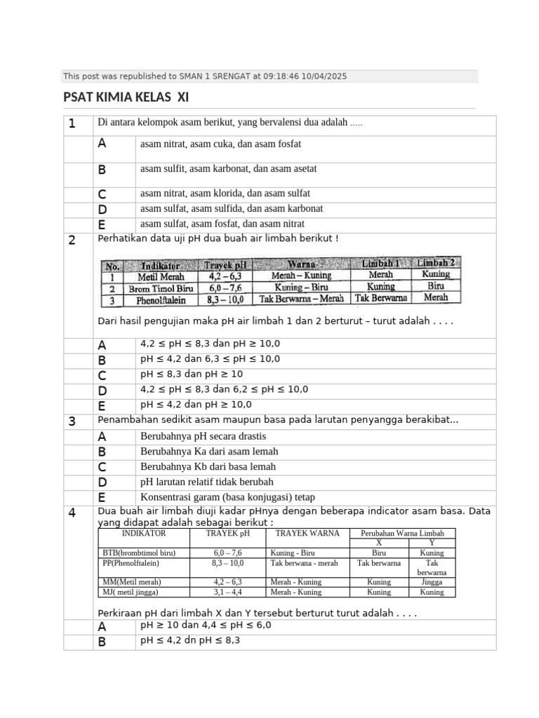 Template Soal Kimia Kelas 11 | PDF