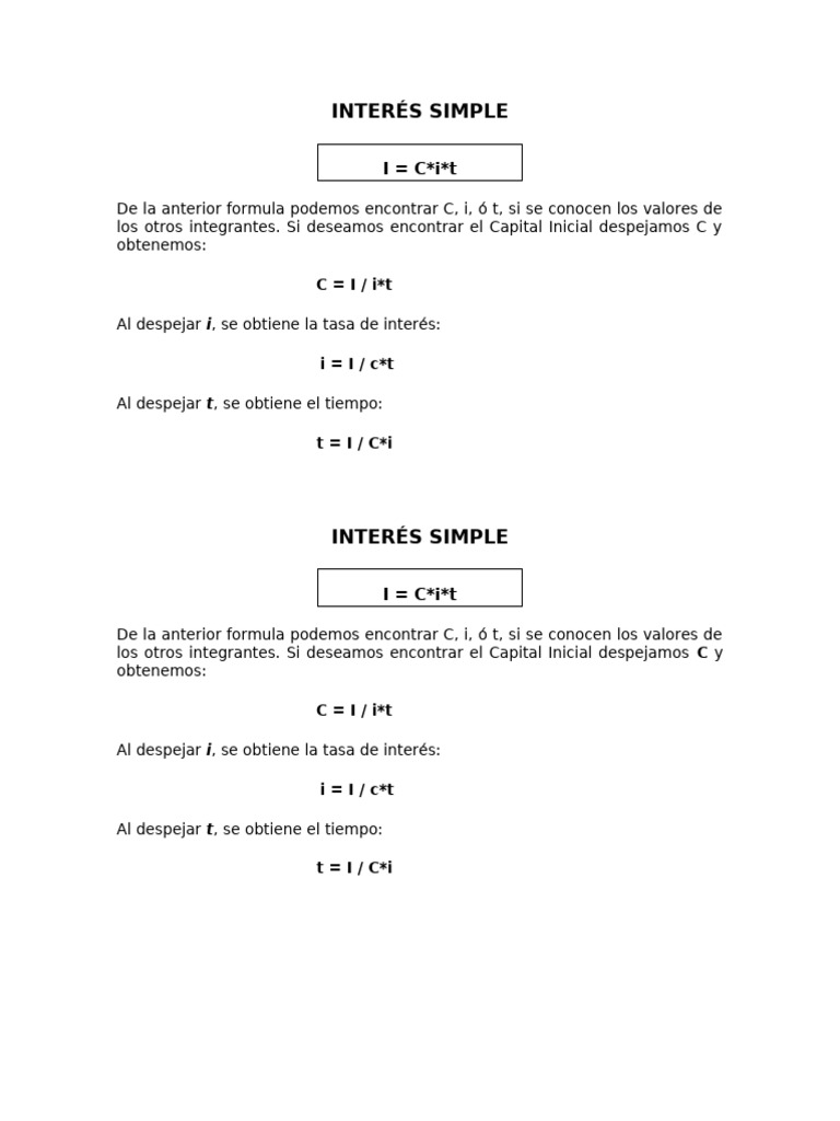 INTERÉS SIMPLE Formulas Despejadas | PDF