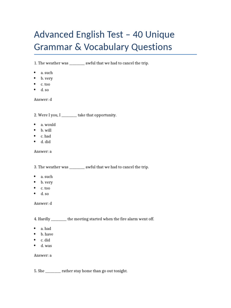 Advanced English Test 40 Unique Questions | PDF