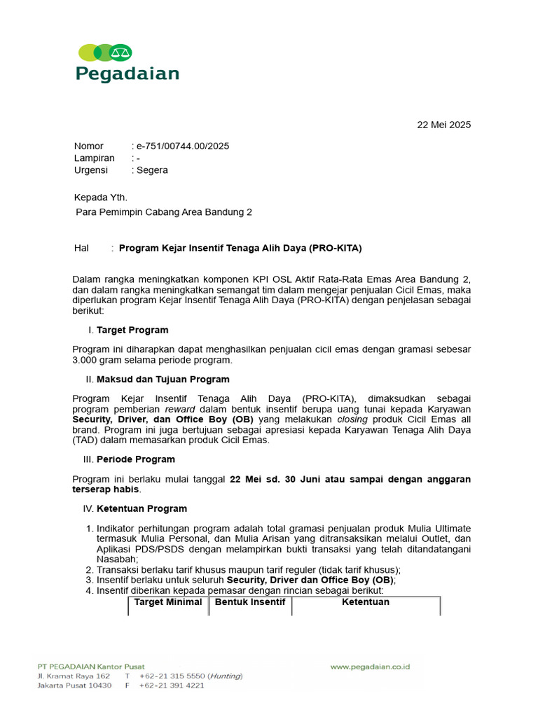 Surat E-751 Program Kejar Insentif Tenaga Alih Daya (PRO-KITA) | PDF