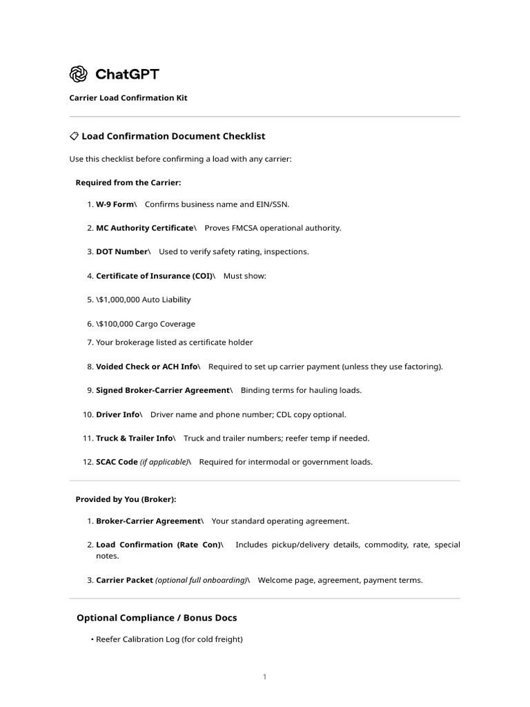 Carrier Load Confirmation Kit | PDF