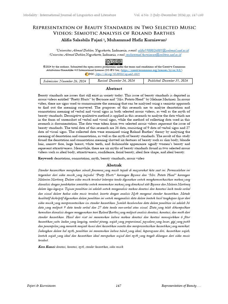 Representation of Beauty Standards in Two Selected | PDF | Semantics ...