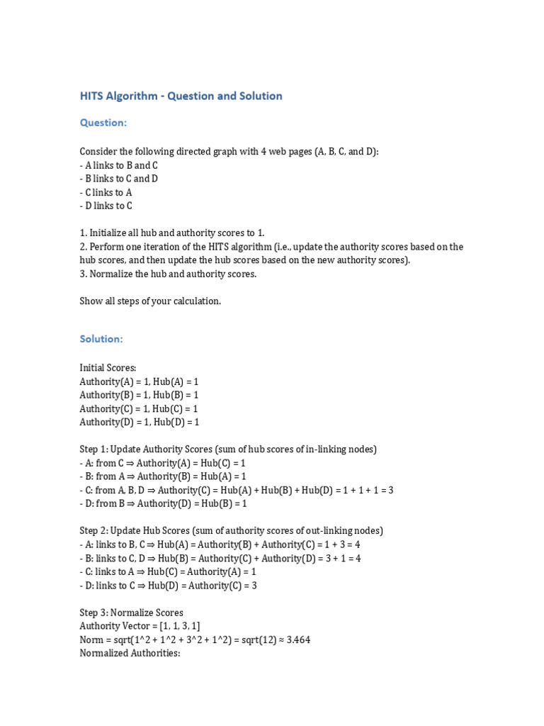 HITS Algorithm Question and Solution | PDF