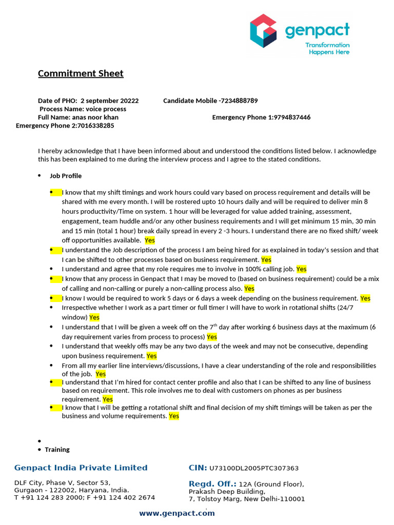 PHO - Commitment Sheet Updated | PDF | Employment | Salary