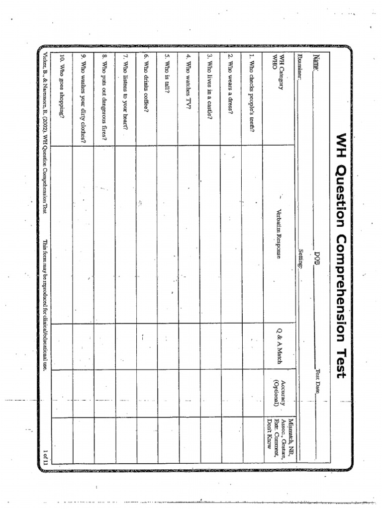 WH Comprehension Test | PDF