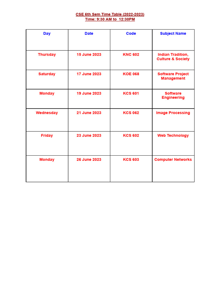 6th Sem Time Table (1) | PDF