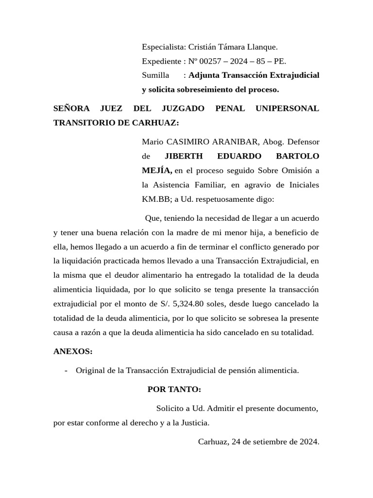 Adjunta Transacción Extrajudicial Jiberth | PDF