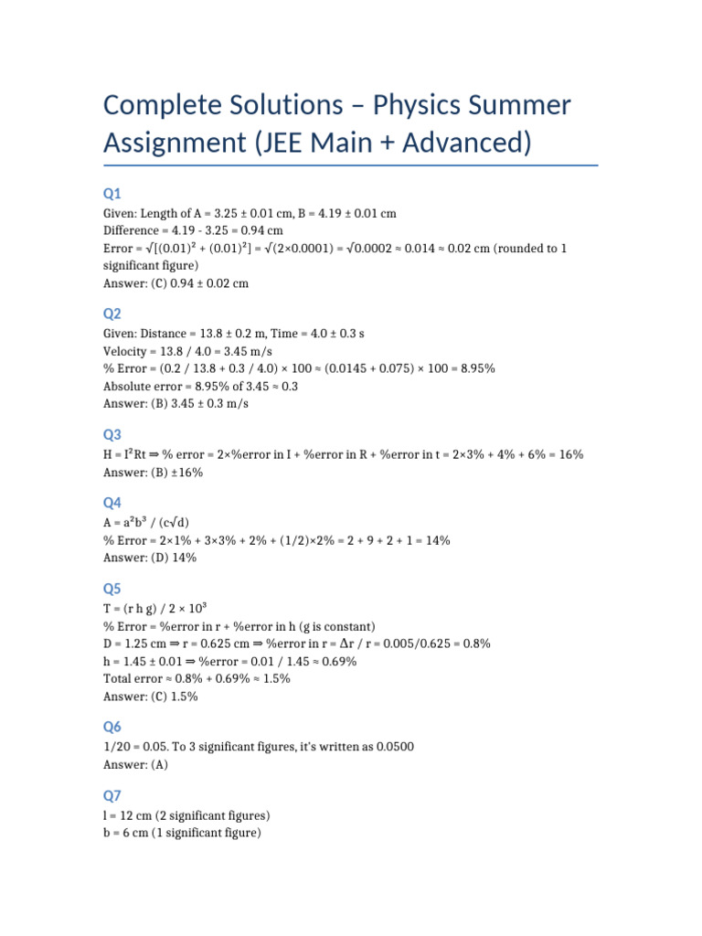 Physics Summer Assignment Complete Solutions All | PDF | Significant Figures | Motion (Physics)