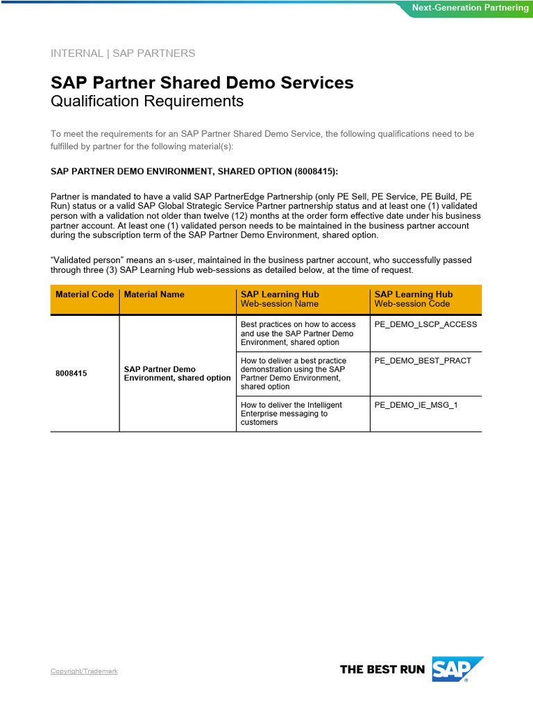 SAP Partner Demo Service Requirements | PDF