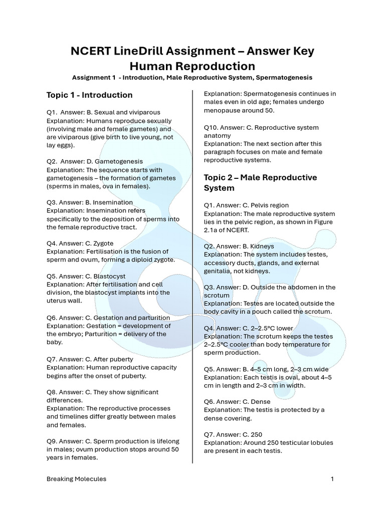 NCERT LineDrill - Human Reproduction 1 (Ans Key) | PDF | Testicle ...