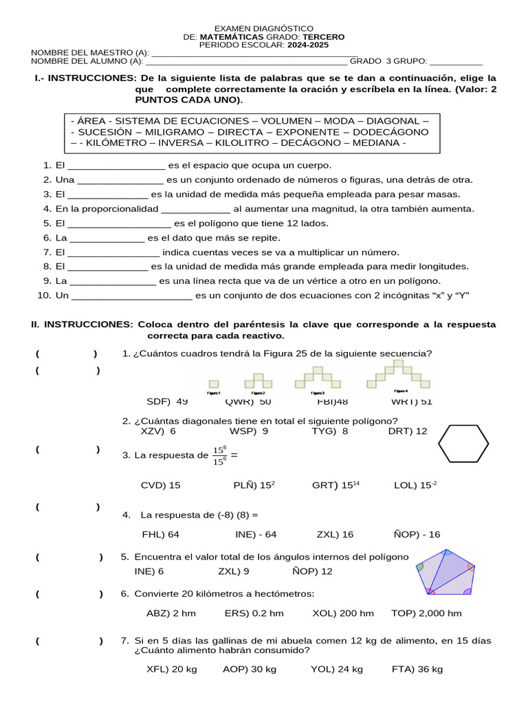 EXA. Diagnóstico - MATE3 T.V | PDF | Matemática Elemental | Matemáticas