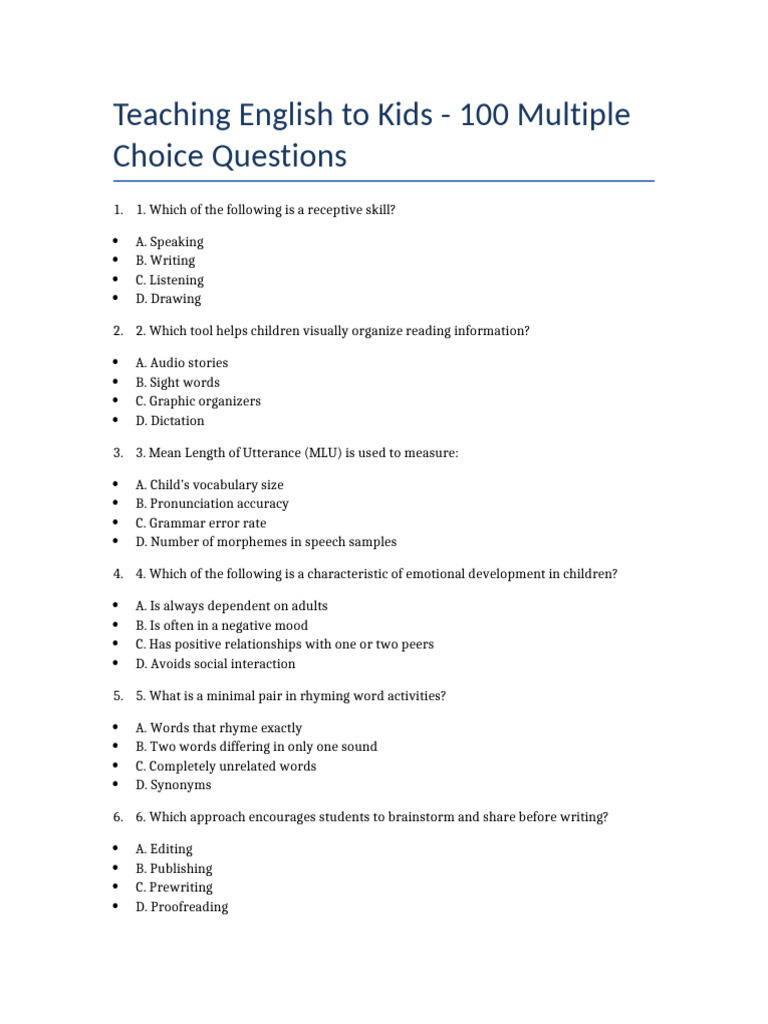 Teaching English To Kids MCQs | PDF | Fluency | Reading Comprehension