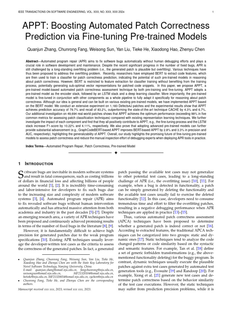APPT Boosting Automated Patch Correctness Prediction Via Fine-Tuning Pre-Trained Models | PDF ...