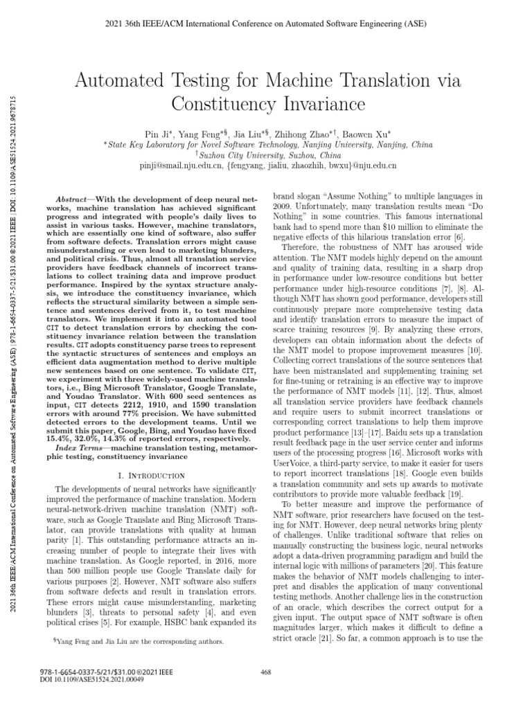 Automated Testing for Machine Translation via Constituency Invariance ...