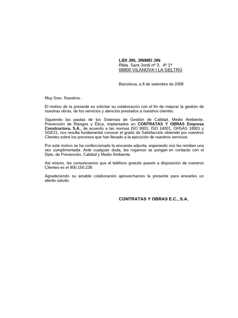 01 - MODELO - Carta Envio Encuesta | PDF