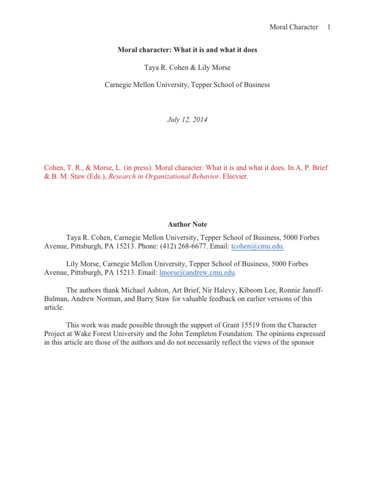 Moral Character What It Is and What It Does | PDF