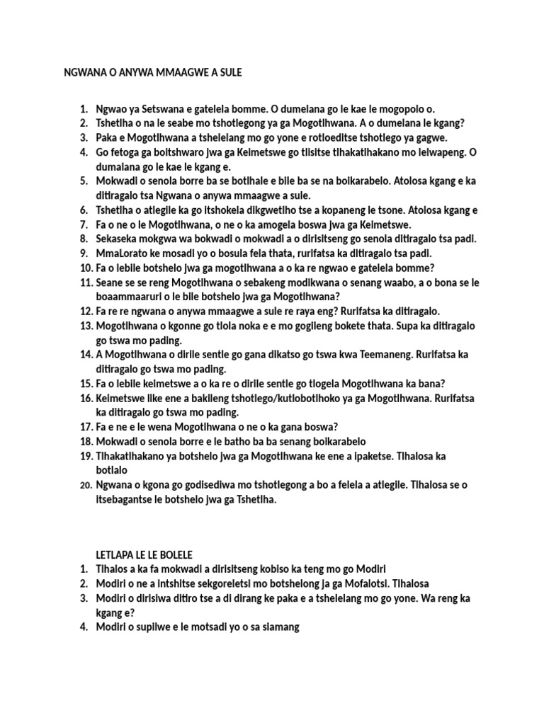 Ngwana o Anywa Mmaagwe A Sule Bsse | PDF