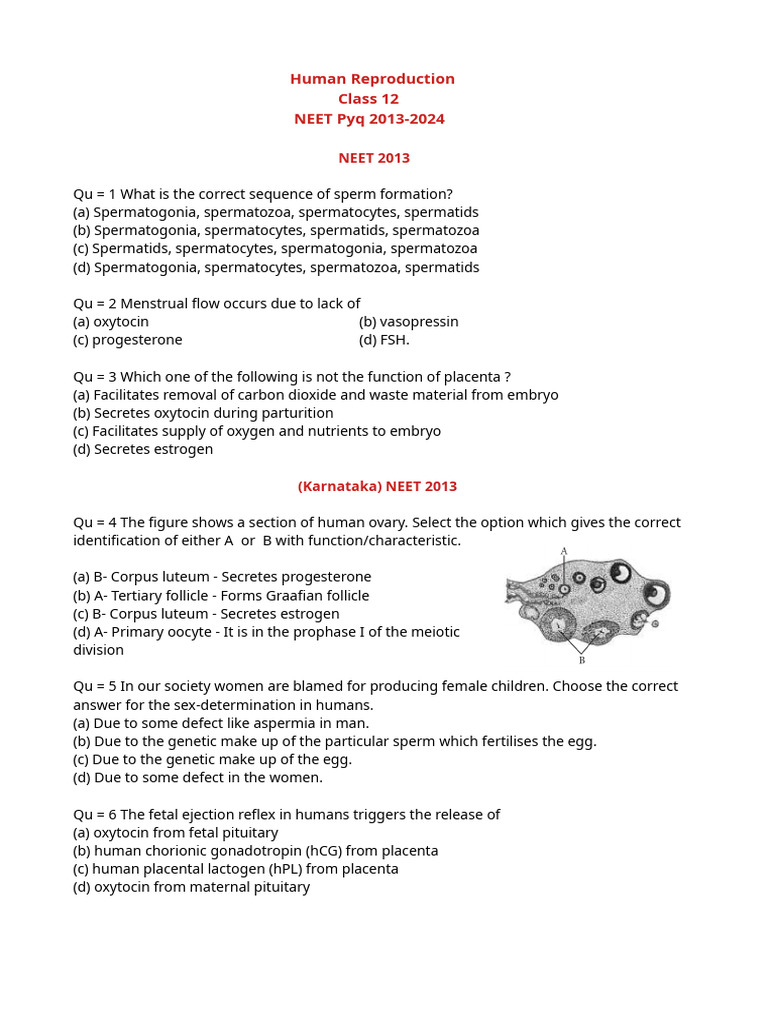 Human Reproduction NEET Questions 2013-2016 | PDF | Menstrual Cycle ...