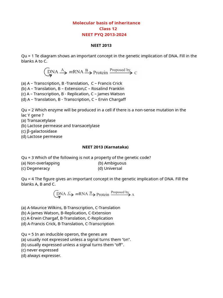 NEET Molecular Basis of Inheritance | PDF | Directionality (Molecular ...