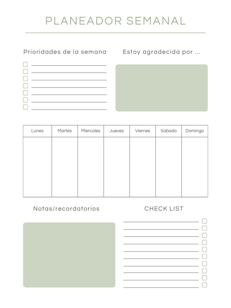 Planeador Semanal Minimalista Verde | PDF