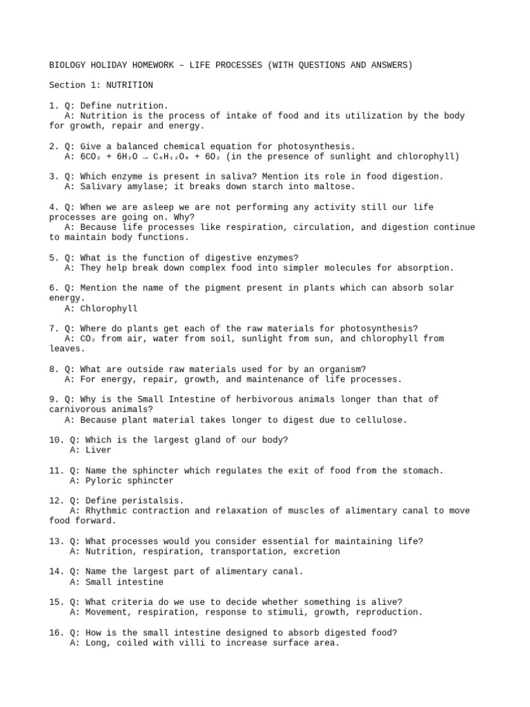 Biology Holiday Homework QA-2 | PDF | Digestion | Organ (Anatomy)