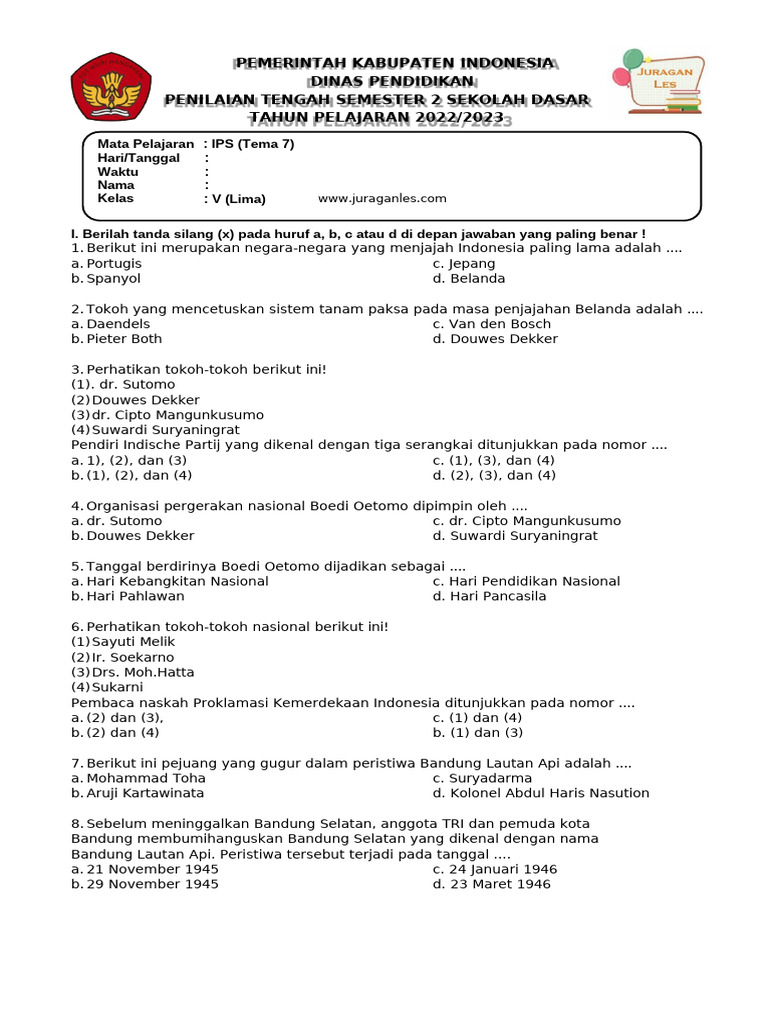 Soal Tema 7 Kelas 5 Semester 2 T.A 2022-2023 Mapel IPS | PDF