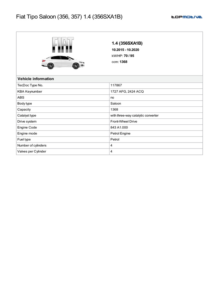 Fiat Tipo Saloon 1.4 Specs (2015-2020) | PDF