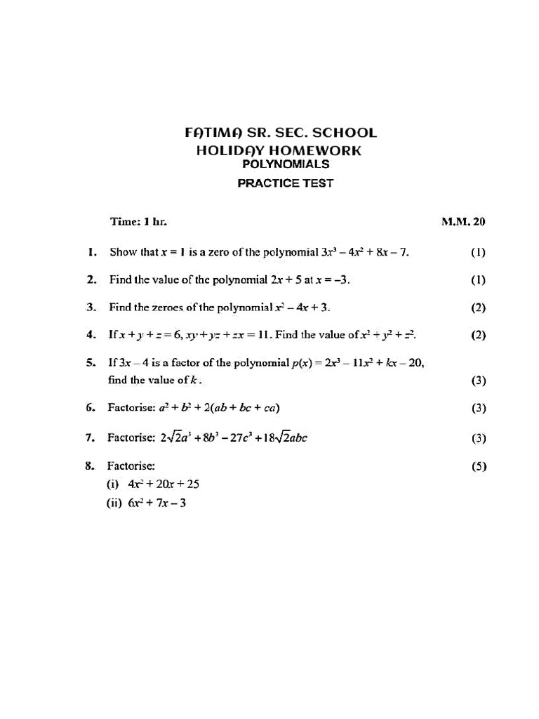 Work Sheet - Polynomials | PDF