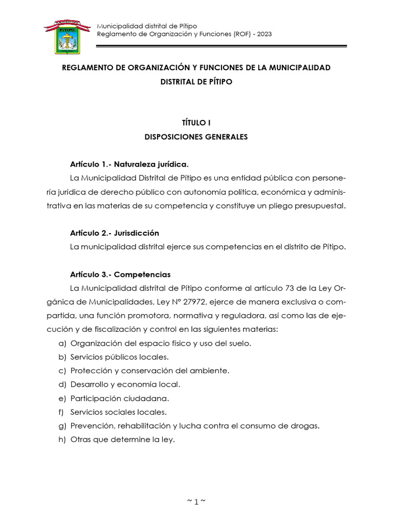 ROF 2023 Municipalidad Pítipo - Versión Final | PDF | Gobierno local | Alcalde