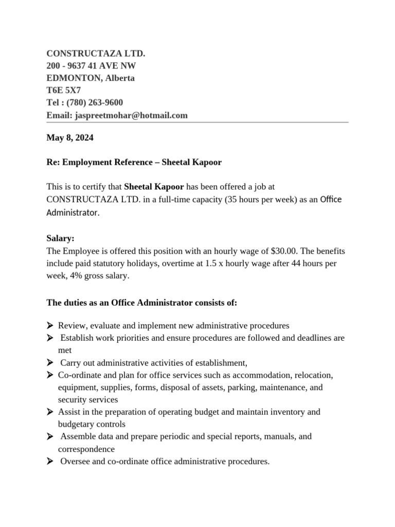 Employment Contract for Office Administrator | PDF | Employment | Labor