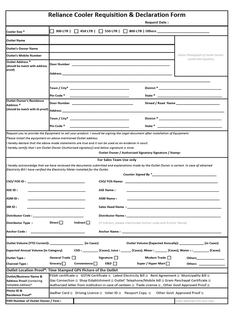 Reliance Cooler Requisition Form | PDF | Signature | Government And ...