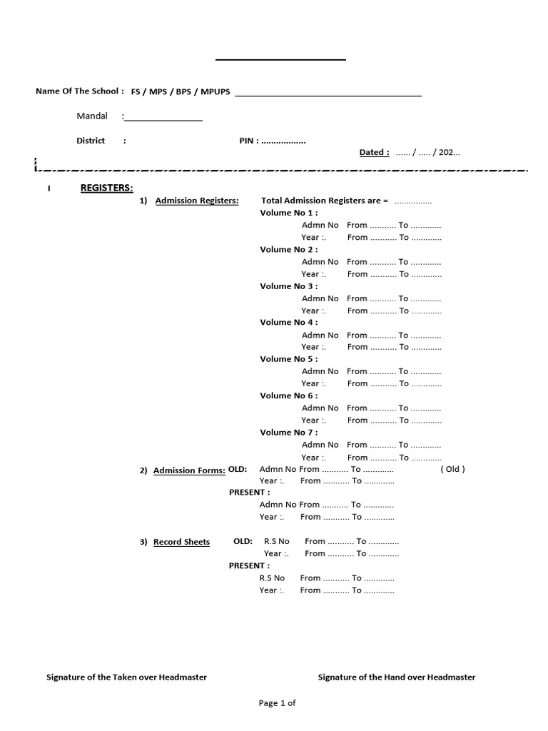 Headmaster Charge Handover - Takenover Forms | PDF | Cheque | Passbook