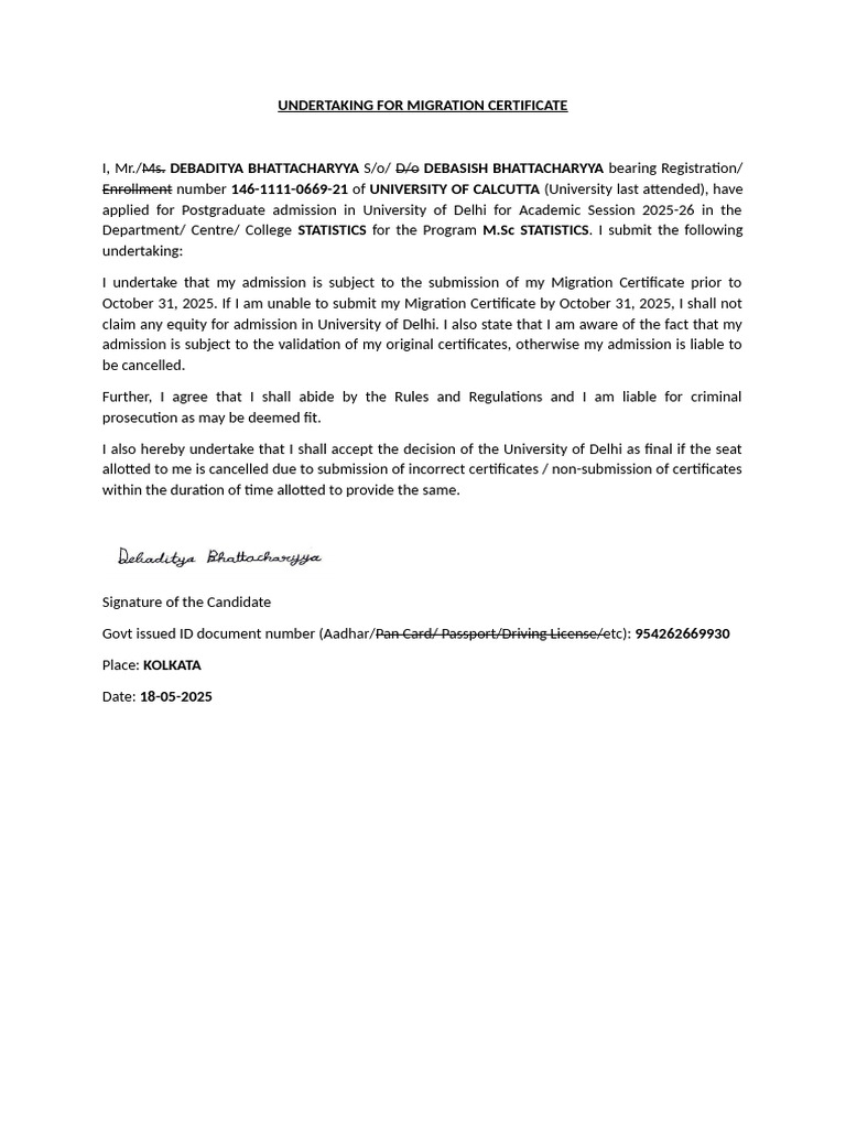 Undertaking For Migration Certificate - Du | PDF