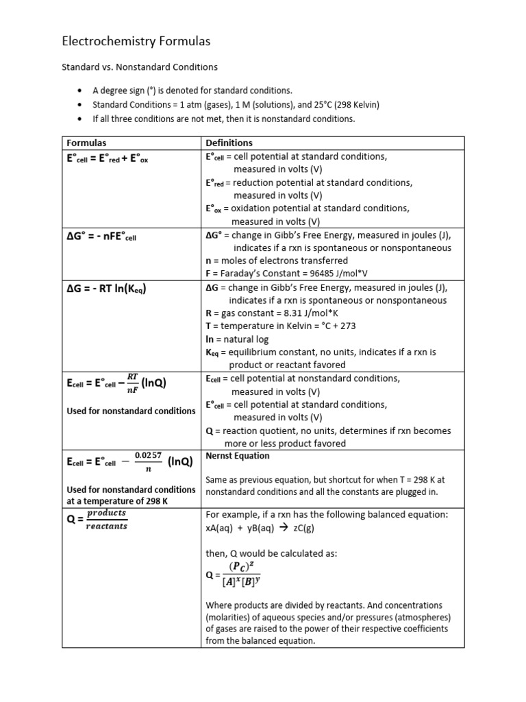 Electrochemistry Formulas | PDF | Gibbs Free Energy | Electrochemistry