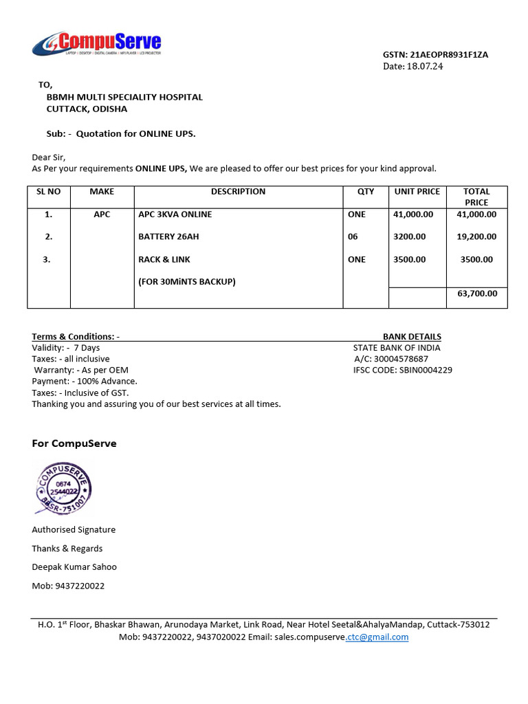 APC 3KVA UPS Quotation for 30 Min Backup | PDF