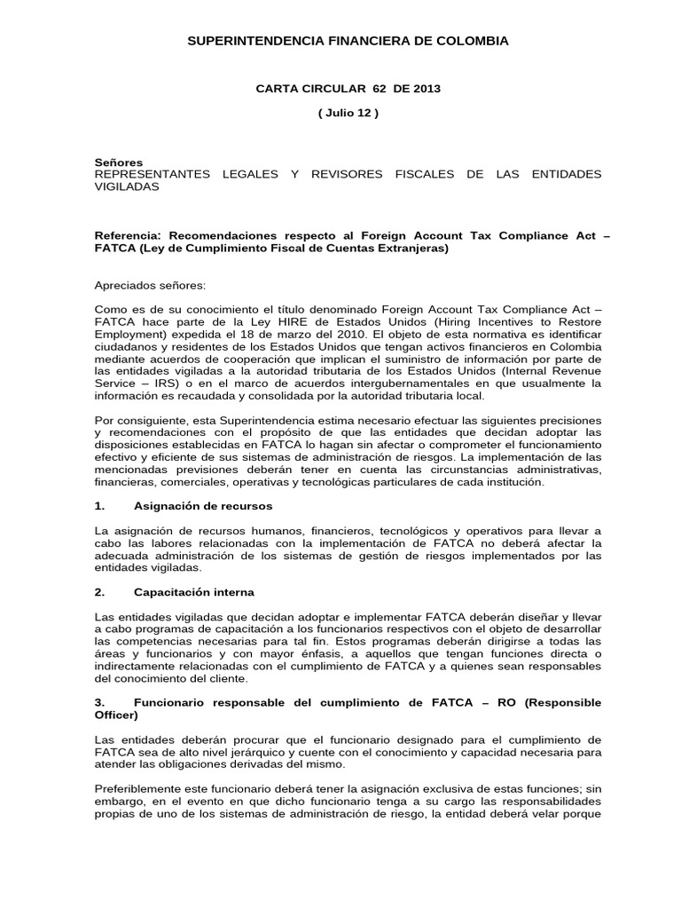 Carta Circular 062 de 2013 Fatca | PDF