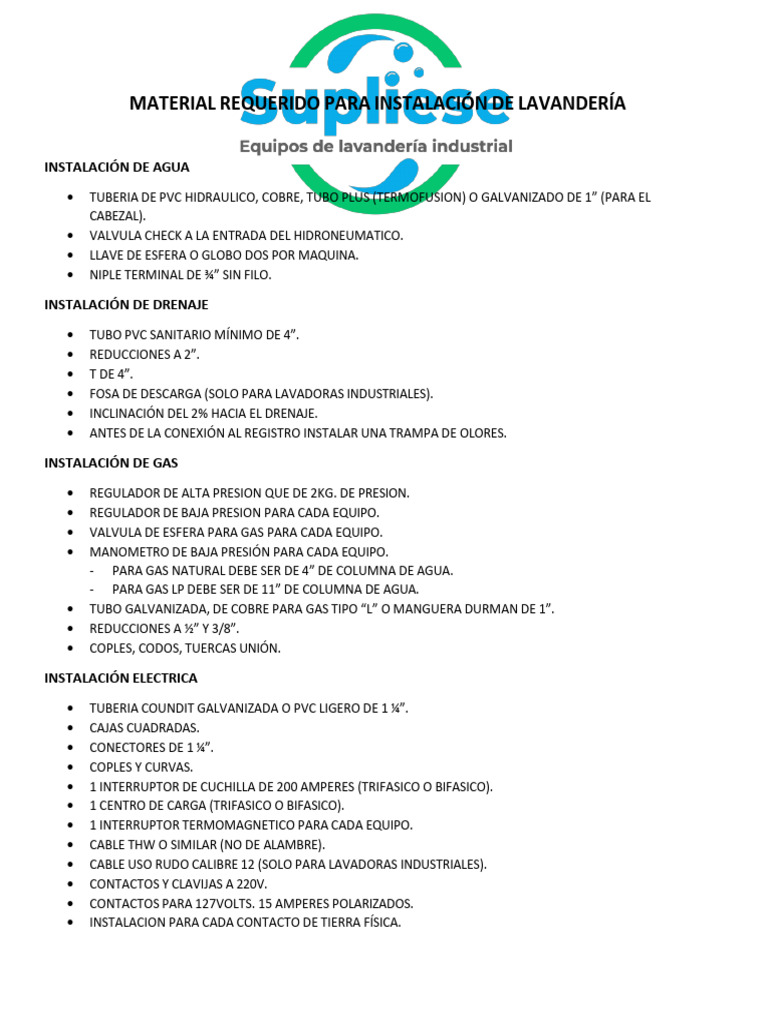 Material Requerido para Instalación de Lavandería | PDF