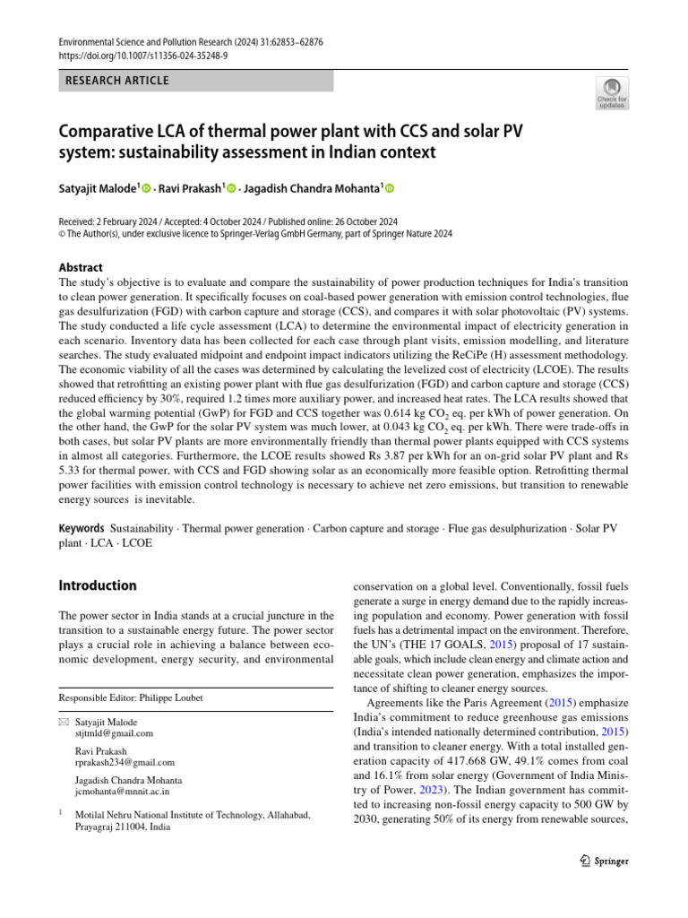 Comparative LCA of Thermal Power Plant With CCS and Solar PV System ...