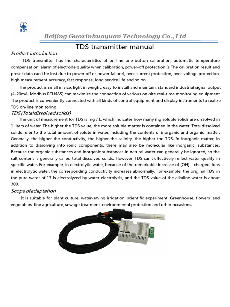 BGT D718 TDS Transmitter Manual | PDF | Water | Chemistry