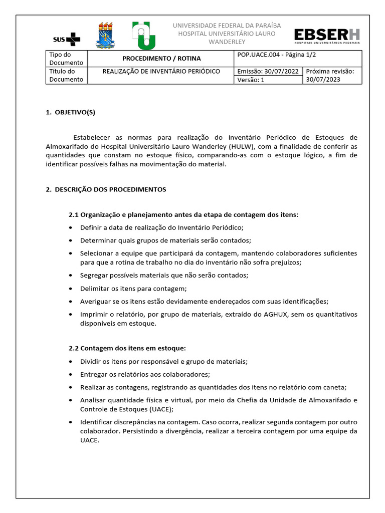 Inventário Periódico de Estoques HULW | PDF | Inventário