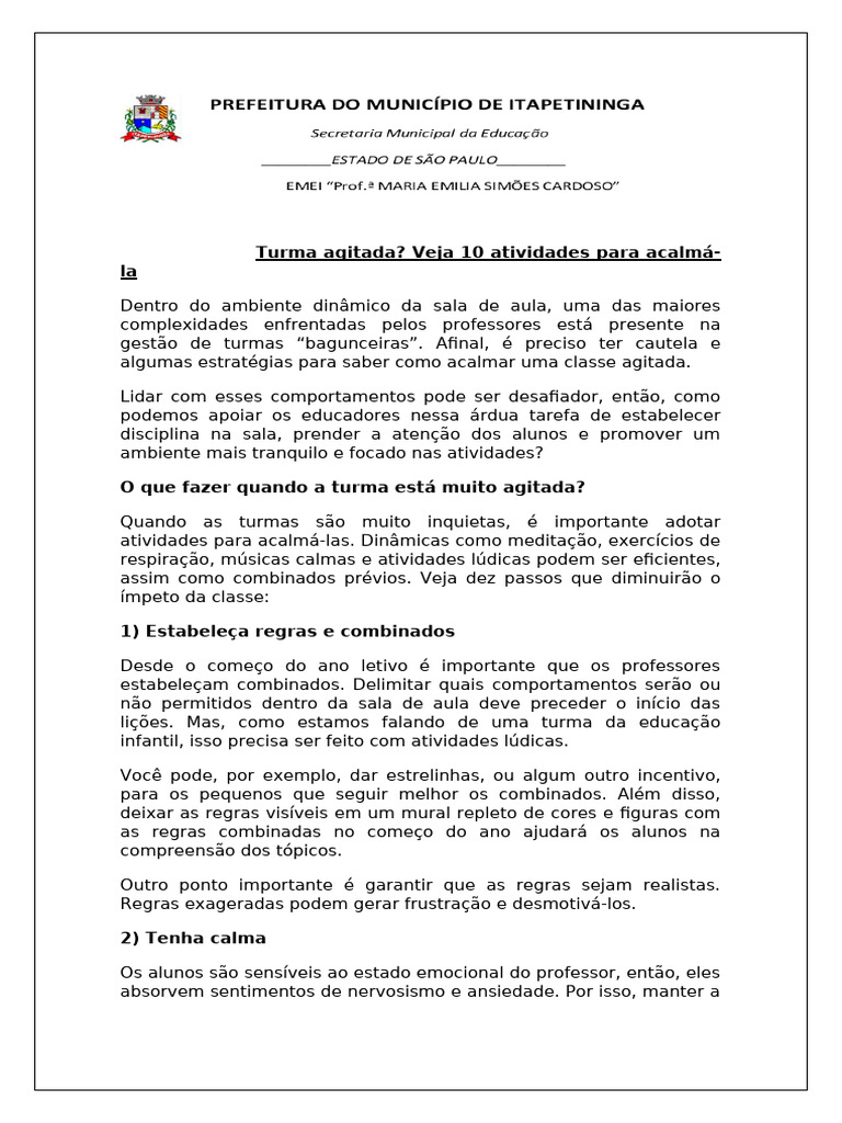 10 Atividades para Turma Agitada | PDF | Aprendizado | Pré-escola