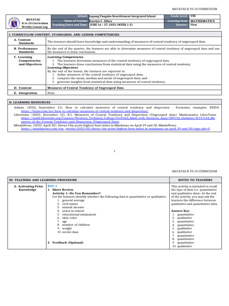 Grade 8 Math: Measures of Central Tendency | PDF | Mean | Mode (Statistics)