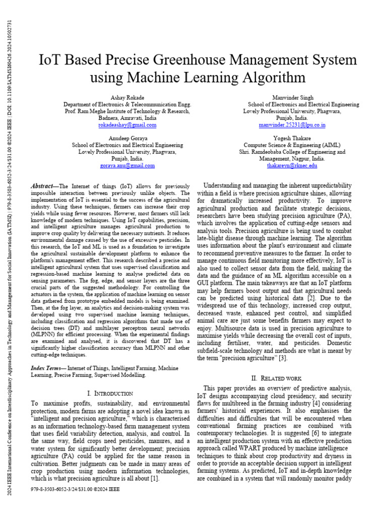 IoT Based Precise Greenhouse Management System Using Machine Learning Algorithm 2 | PDF ...