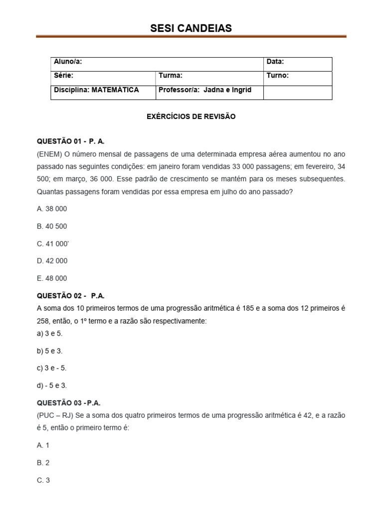 Lista de Revisã - o Av3 | PDF | Sequência | Juros