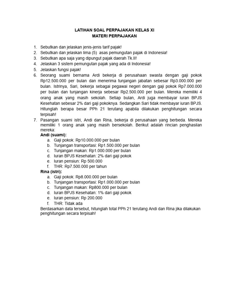 Soal Perpajakan Kelas 11 dan Jawaban | PDF