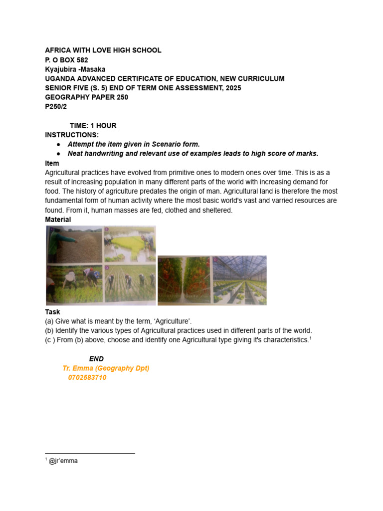 A'Level New Curriculum Geography Assessment S. 5 End of Term One, 2025 ...