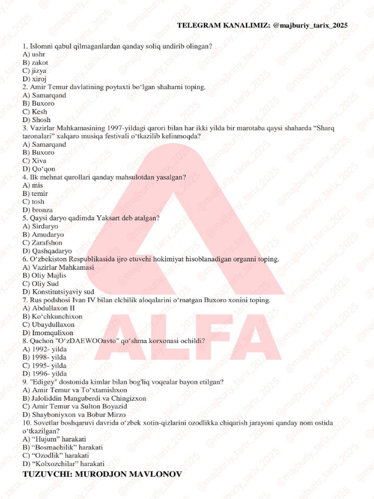 ALFA Majburiy Tarix 2-Kun | PDF