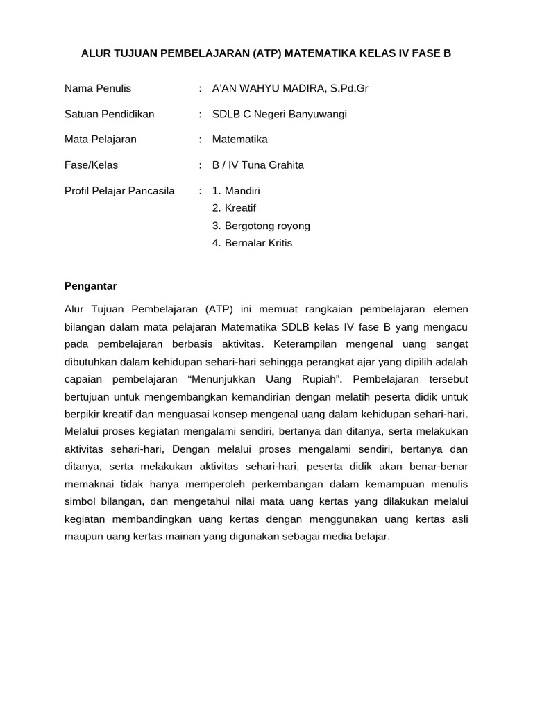 CP, TP, Atp Pelajaran MTK Kelas 4 Tuna Grahita (SDLB C Negeri Banyuwangi) | PDF